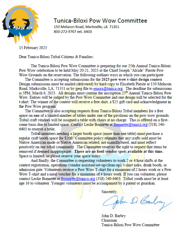 Tunica-Biloxi Pow Wow Committee Announcement | Tunica Biloxi Tribe of ...